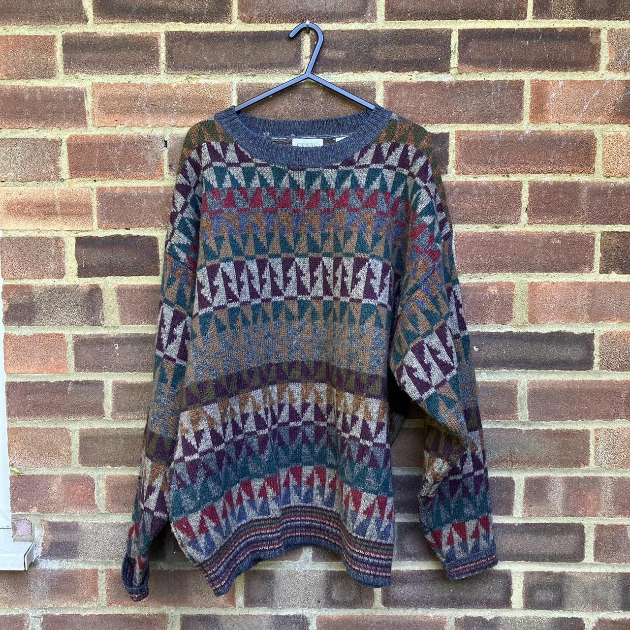 Vintage multi-colour print pattern knit jumper, 100%... - Depop