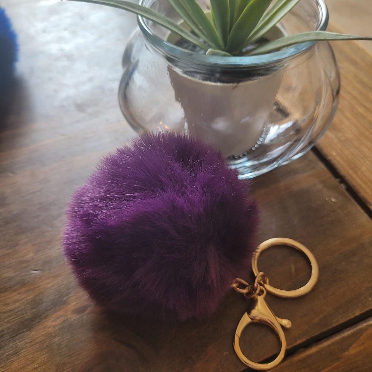 Giant purple coloured faux fur pom pom key ring with... - Depop