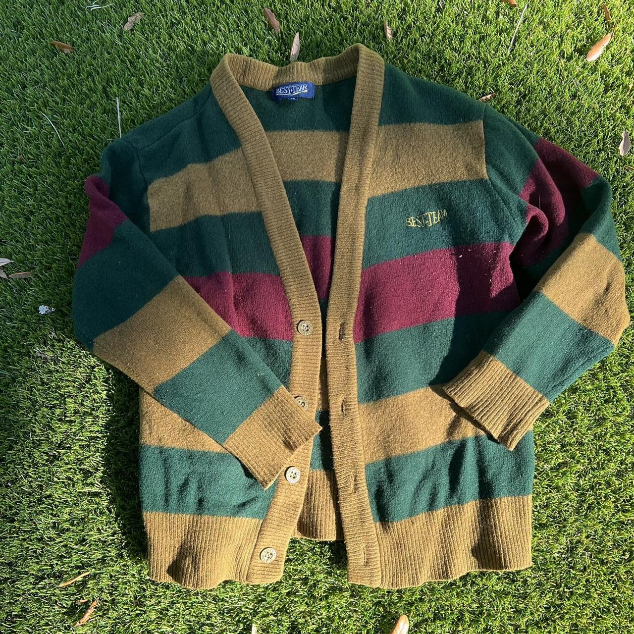 Vintage wool best team striped cardigan sweater... - Depop
