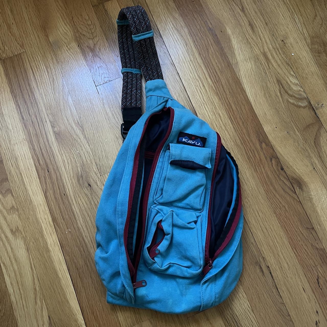 Blue and red KAVU sling backpack with multiple... | Depop
