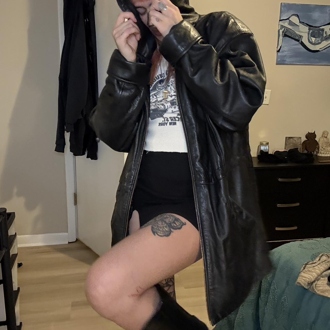 Vintage black leather jacket with hood. Long line... | Depop