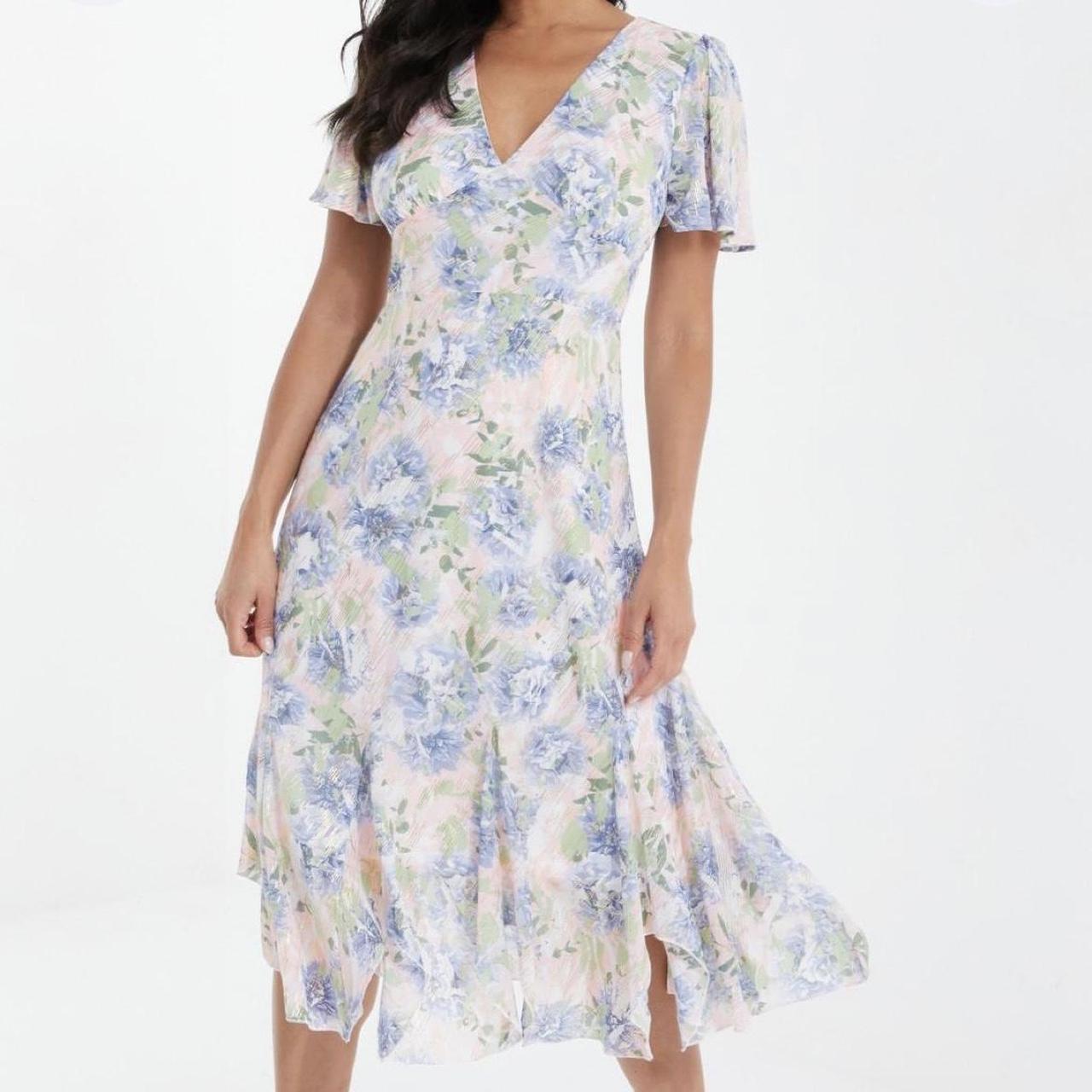 Quiz pink and blue floral midi dress with gold foil... - Depop