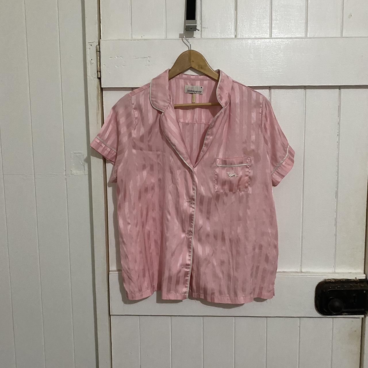 Pink and white silk Peter Alexander pyjama top... - Depop