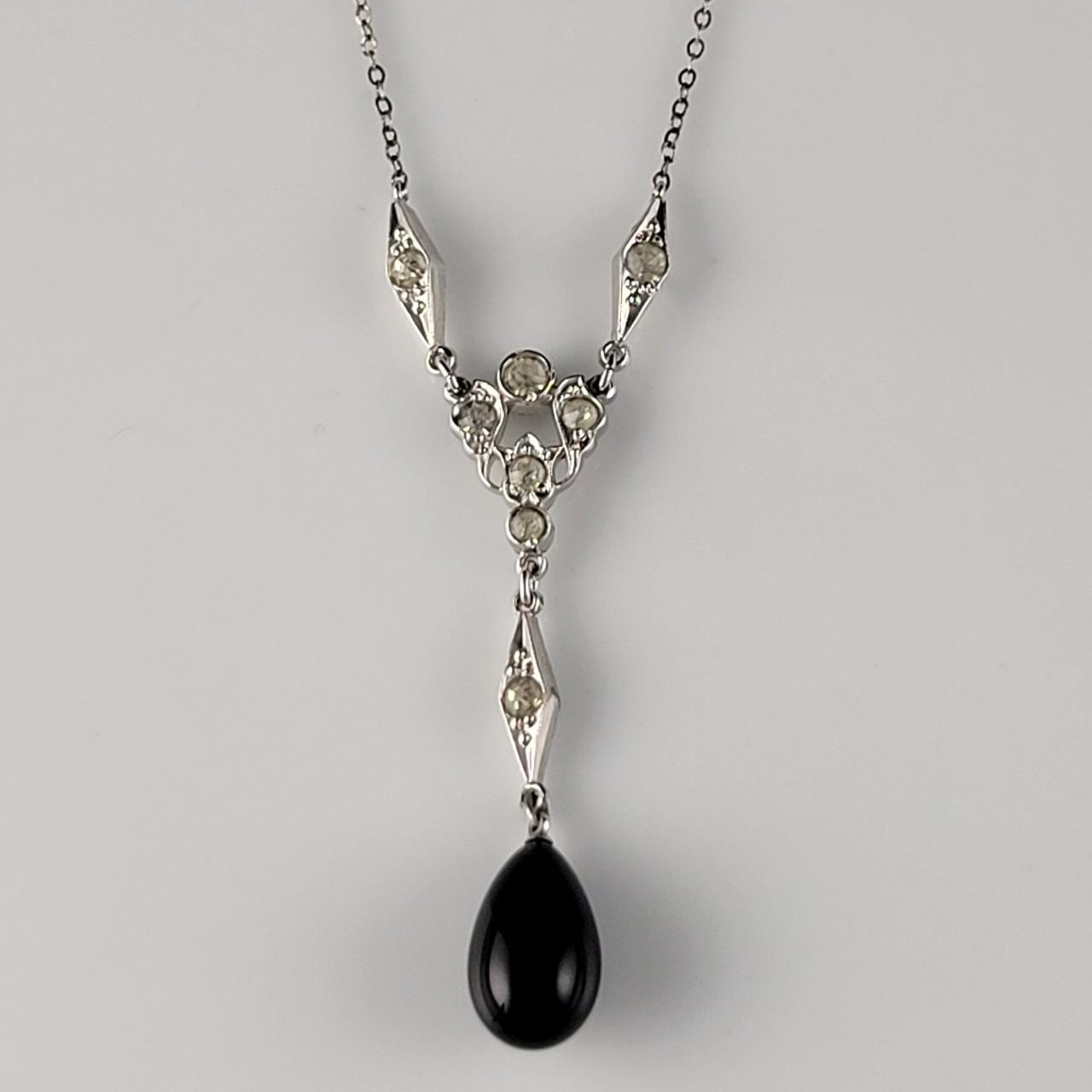 German Art Deco Sterling Jet & Rhinestone Lavalier... - Depop