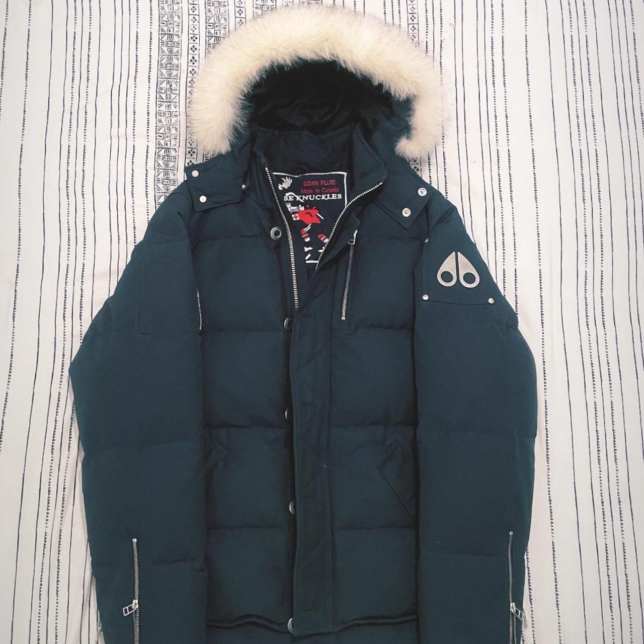 “MOOSE KNUCKLE” Navy blue bomber jacket & White... - Depop