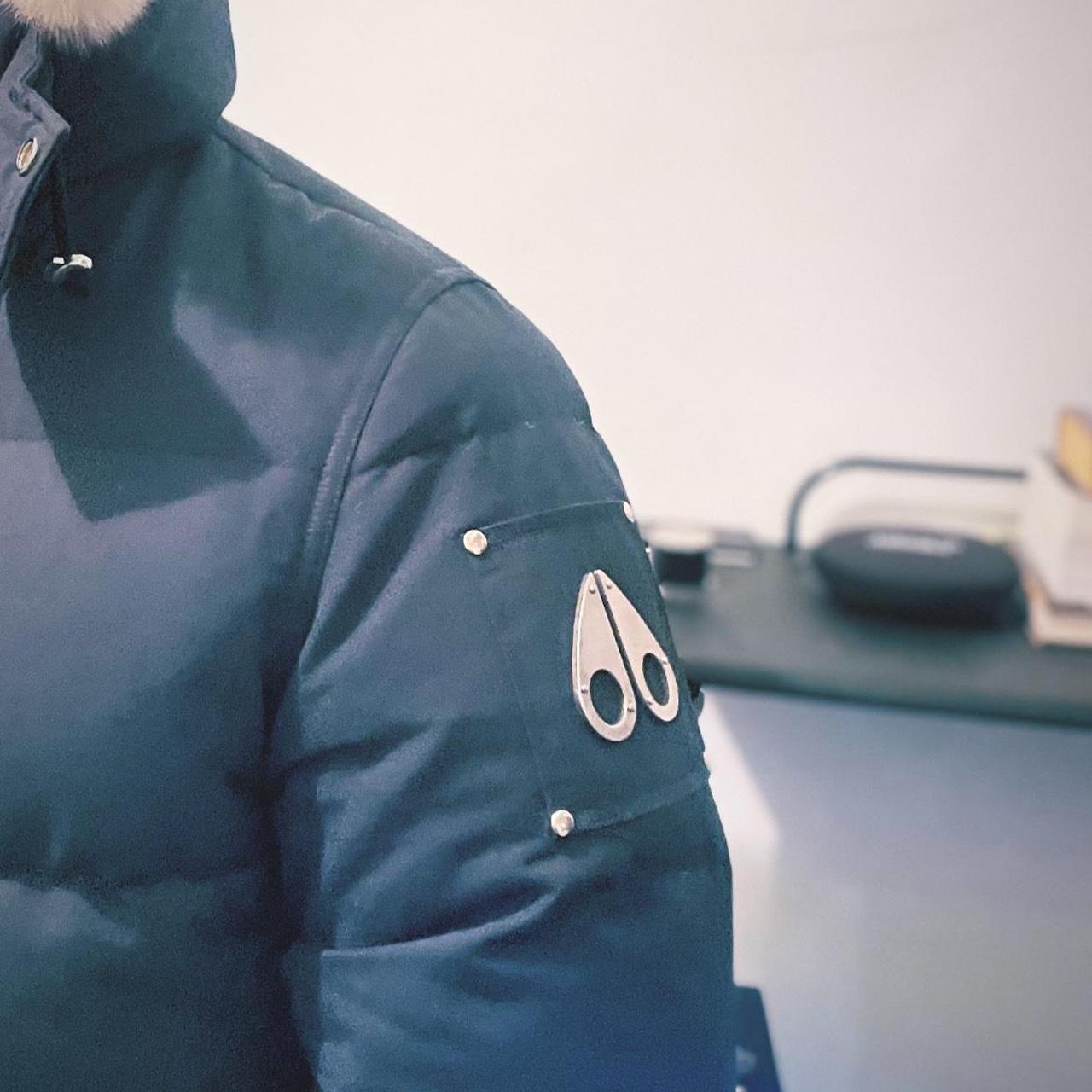 “MOOSE KNUCKLE” Navy blue bomber jacket & White... - Depop