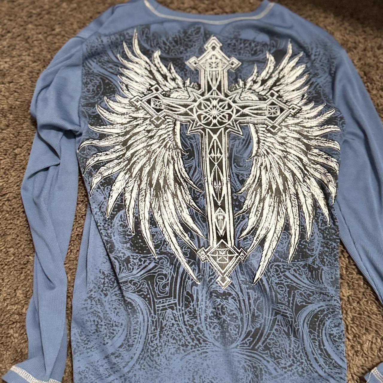 Blue Affliction long sleeve shirt with skull and... | Depop