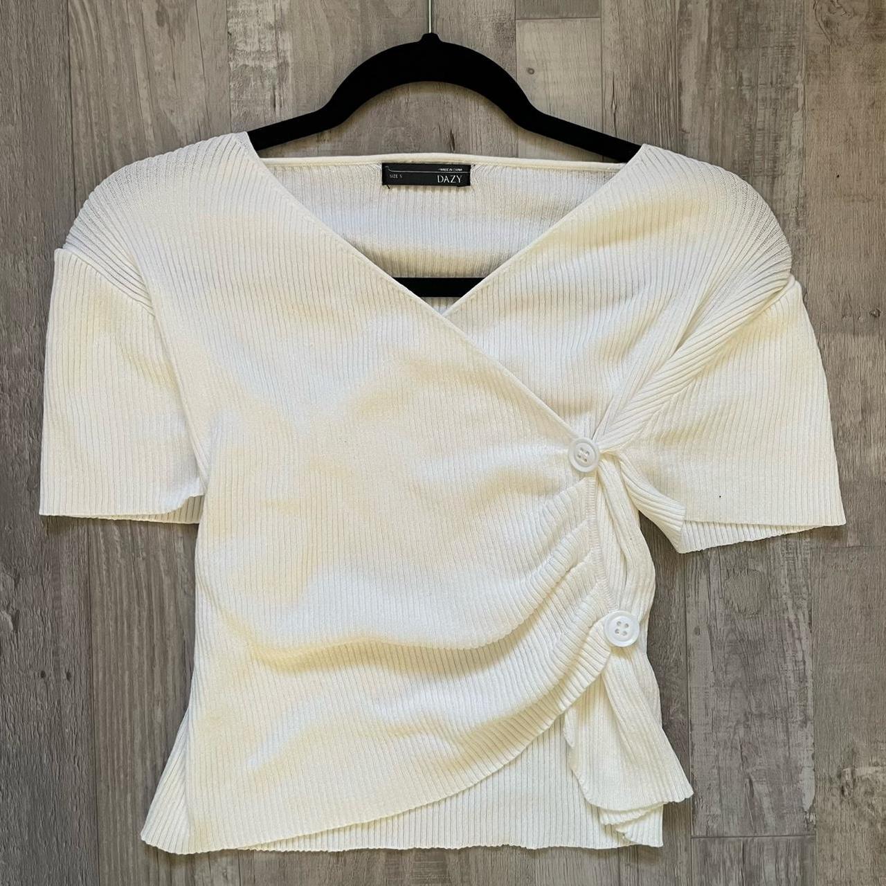 DAZY White Korean Style Wrap Top • Higher neckline... - Depop