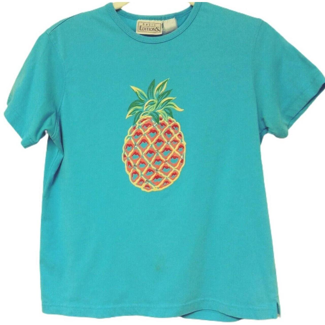 Basic Edition Women's Aqua Blue Pineapple Tee Shirt... - Depop