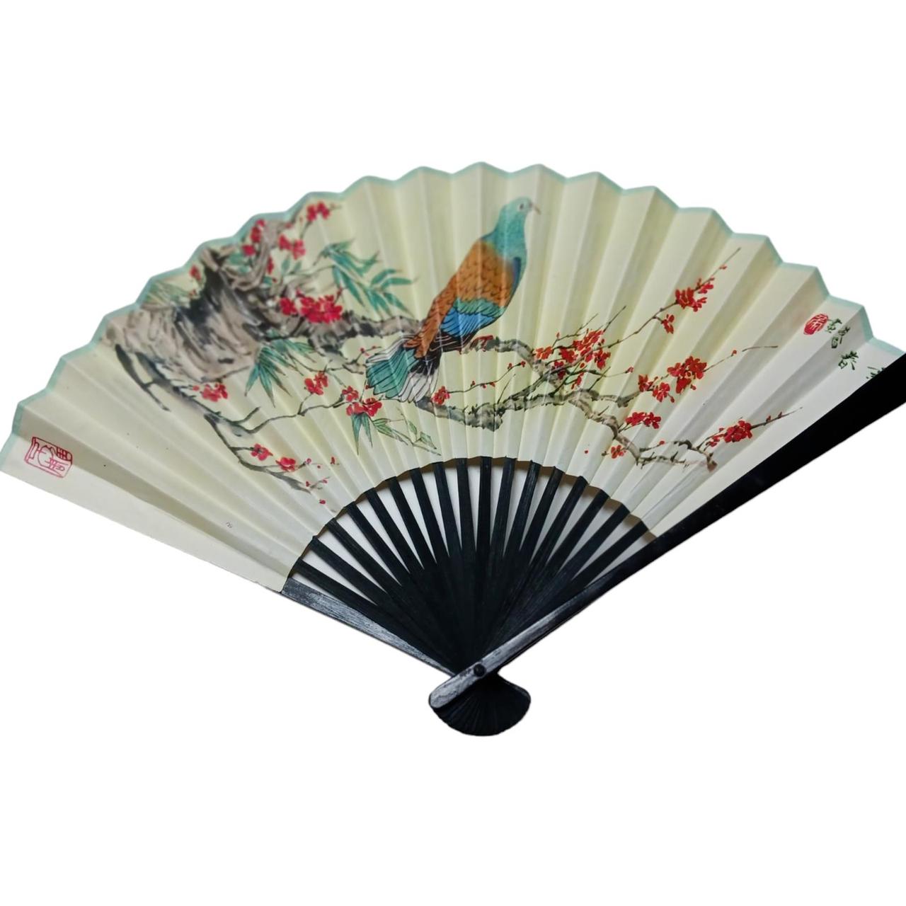 Chinese Asian Blue Bird Dove Floral Folding Hand Fan... - Depop
