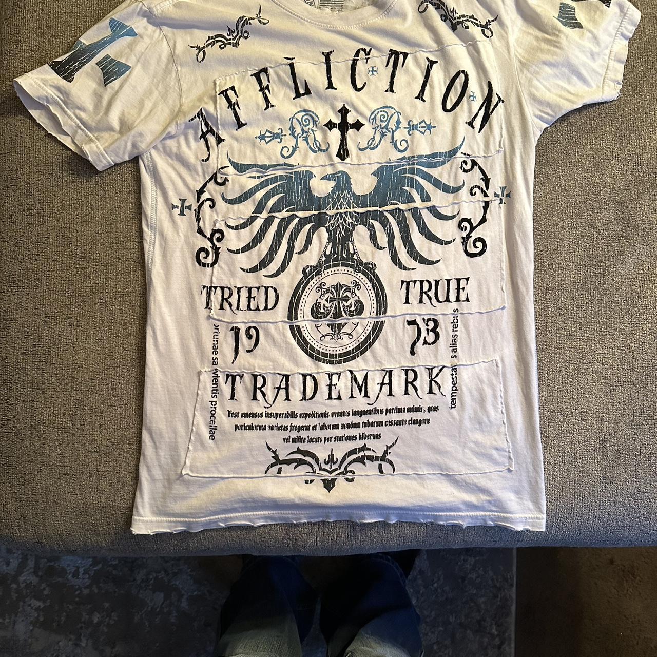 Affliction Men's White and Blue T-shirt | Depop
