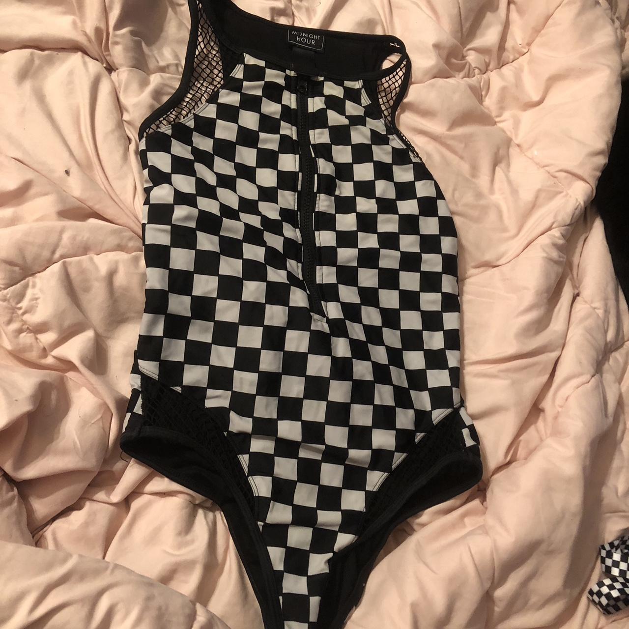 Hot Topic One Piece Checkered Fishnet Bathing Suit... - Depop