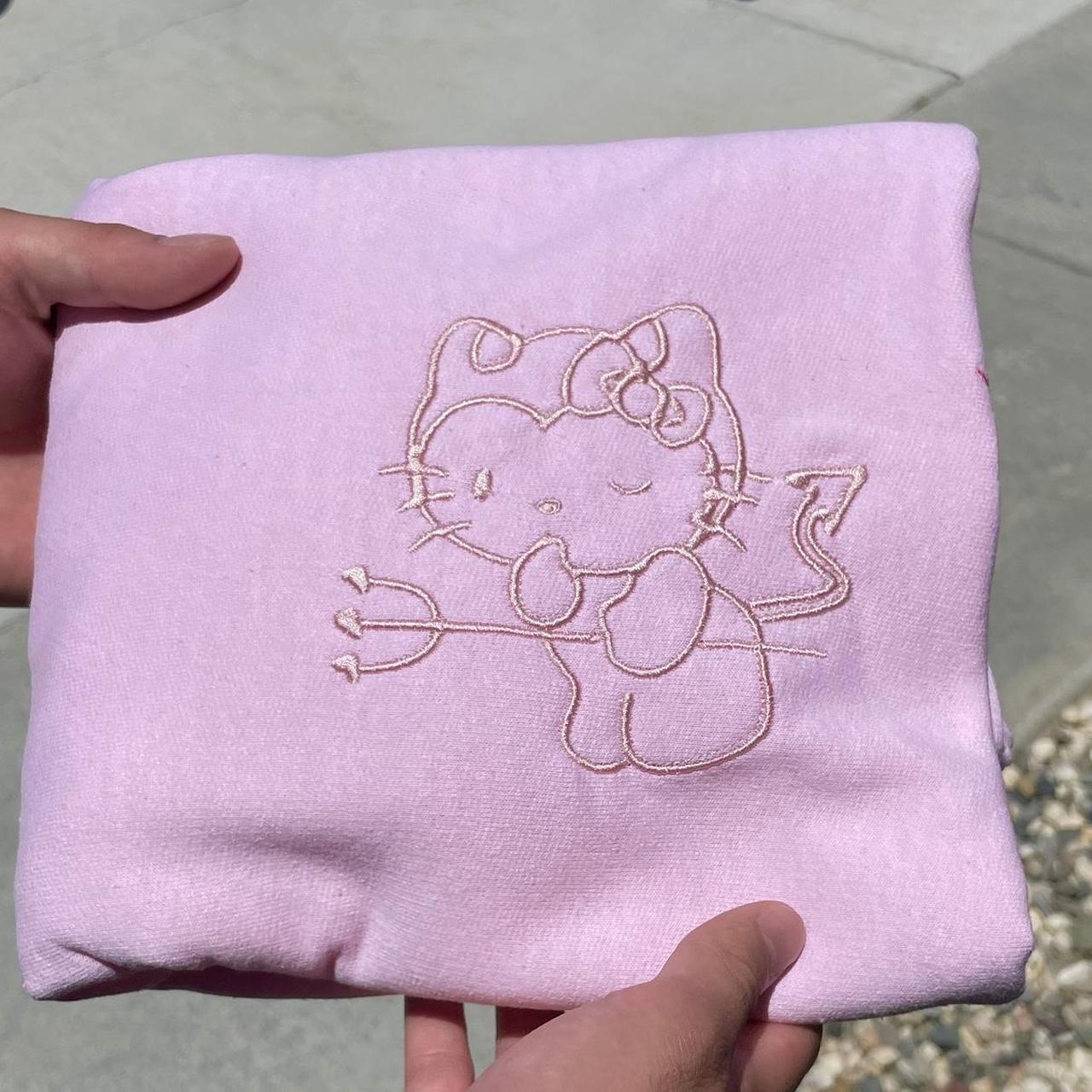 Hello kitty pink devil outline embroidered crew neck... - Depop