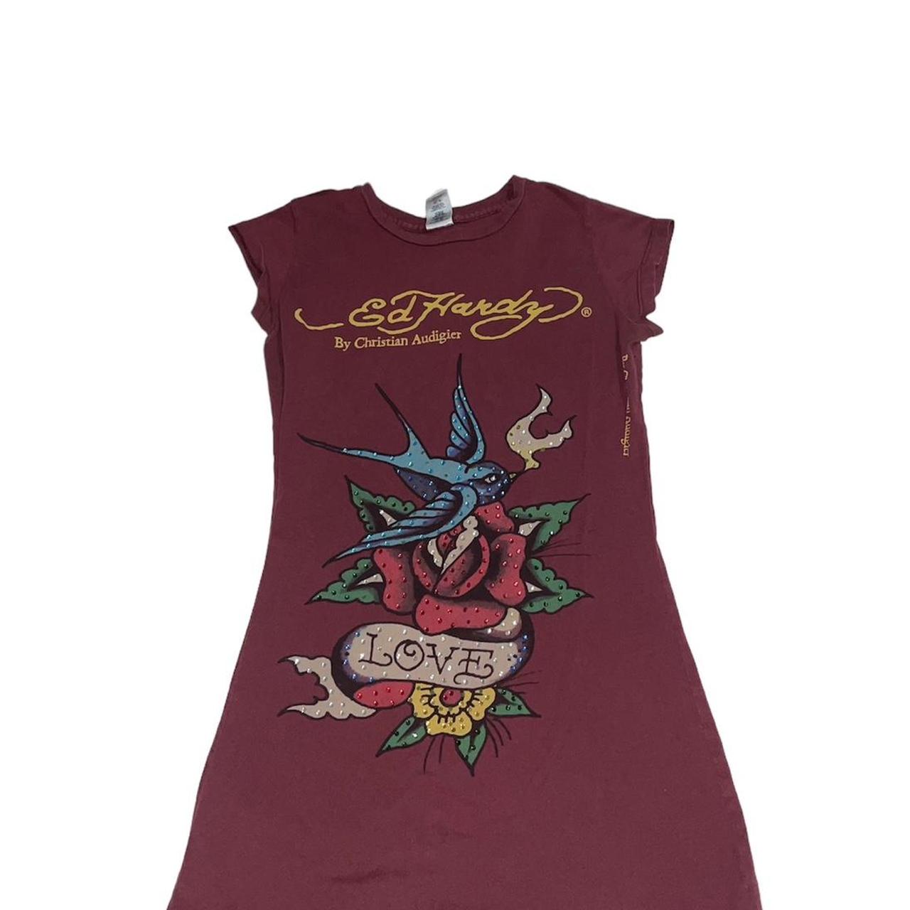 Ed Hardy Women's Burgundy Dress | Depop