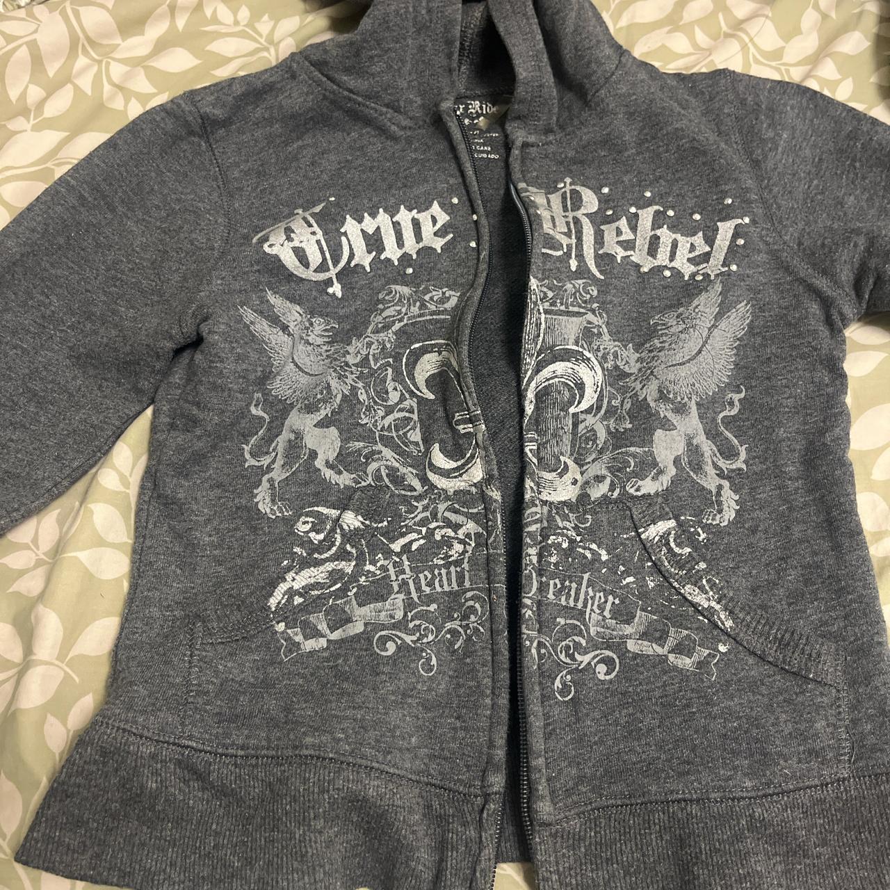 Grunge y2k grey and white zip up hoodie - perfect... - Depop