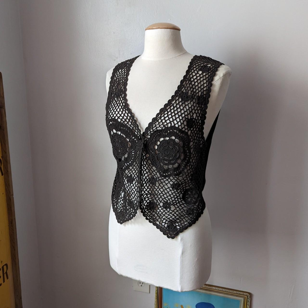 Vintage black crochet vest. Front of vest is crochet... - Depop