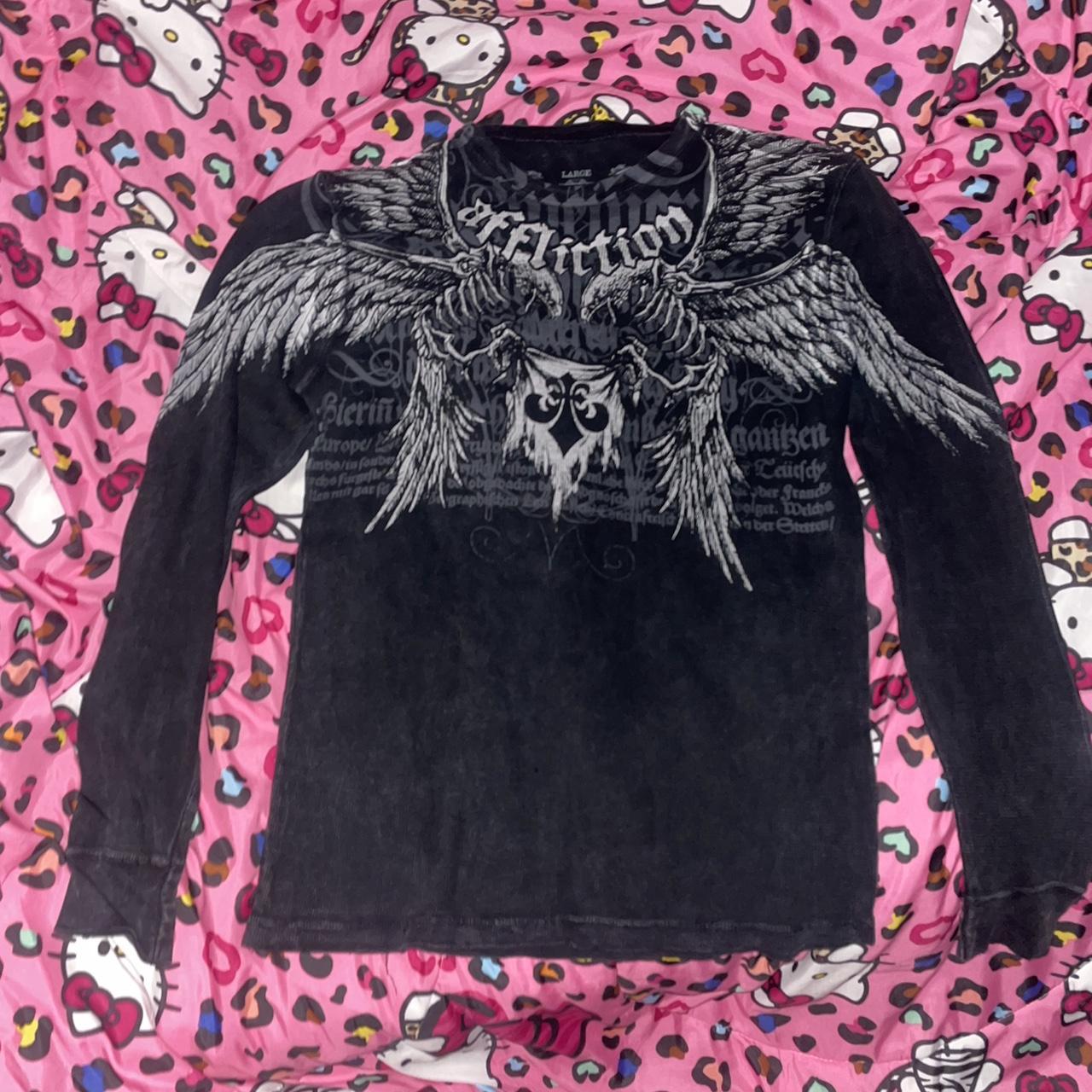 Black and grey Affliction long sleeve with skulls... | Depop
