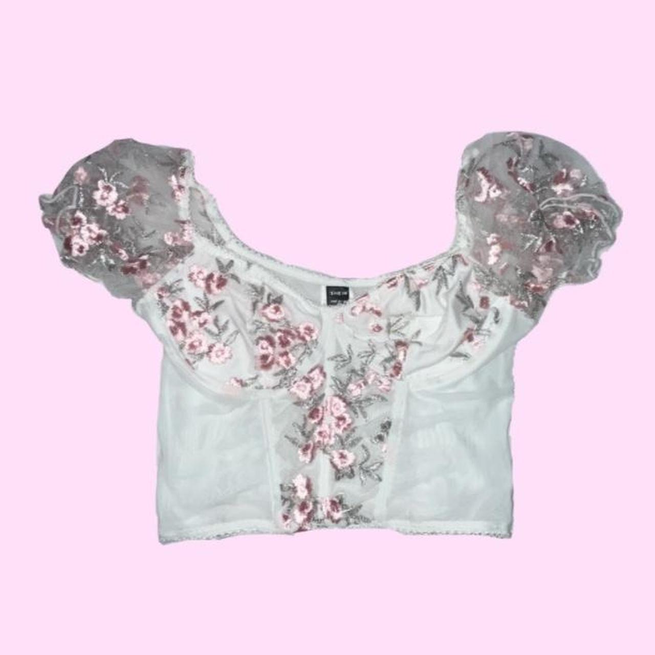 Shein pink embroidered floral mesh top with puffy... - Depop