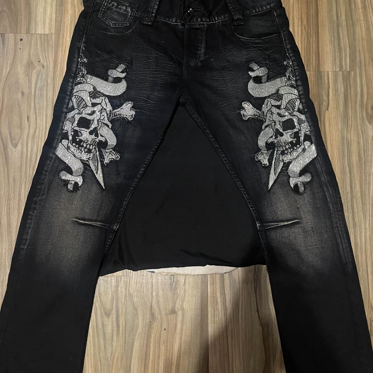 insanely sick black ed hardys with skull rhinestones... - Depop