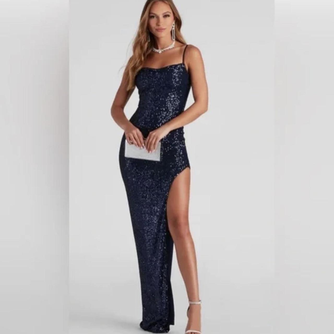Windsor Navy Blue Sequin Prom Dress with slit Worn... - Depop