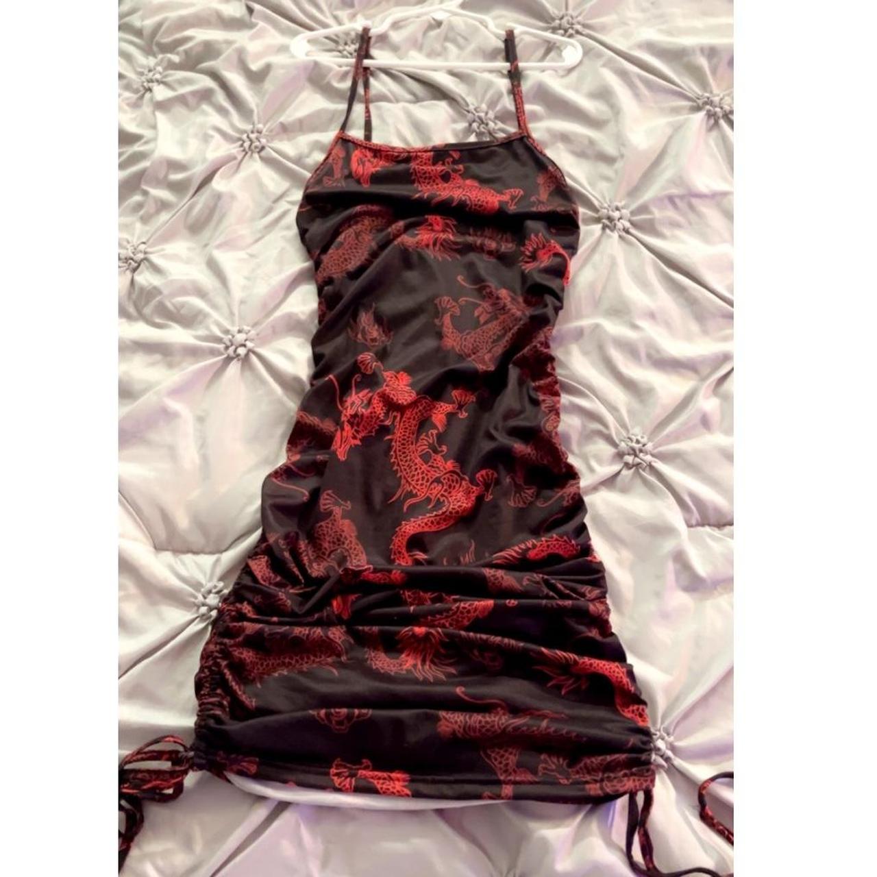 shein black and red dragon dress with scrunch... - Depop