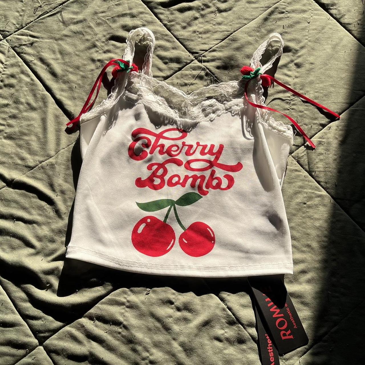 Romwe cherry bomb white and red tank... - Depop