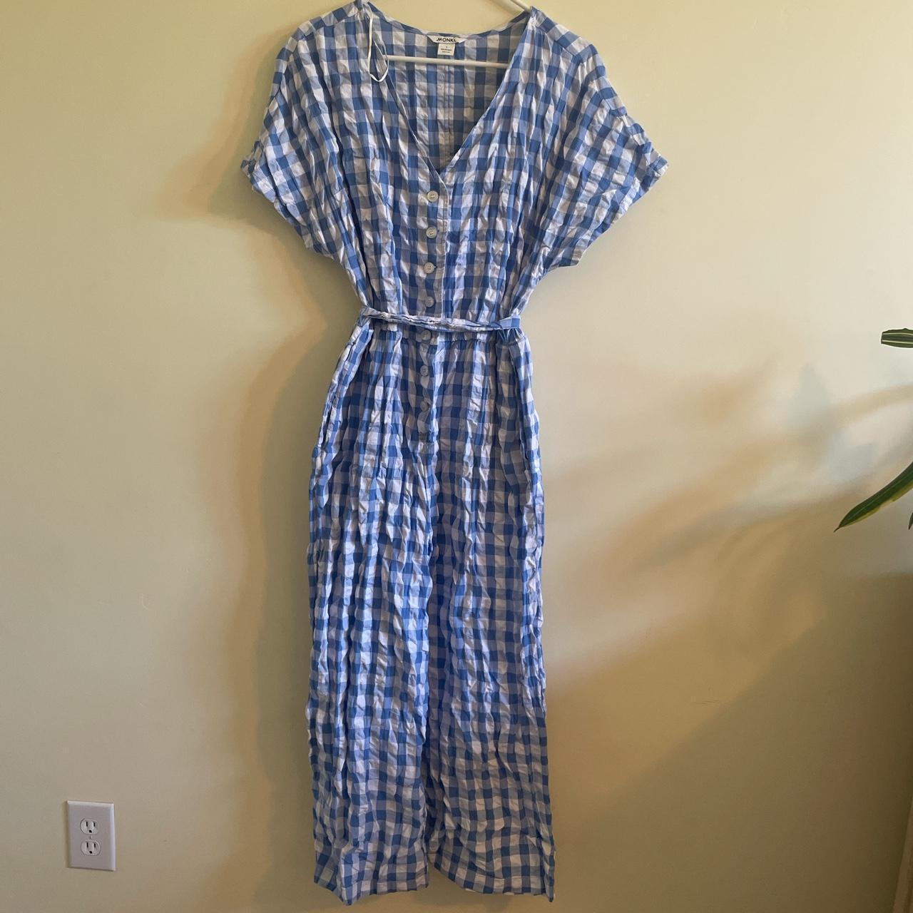 MONKI blue and white checkered jumpsuit. Cropped.... - Depop