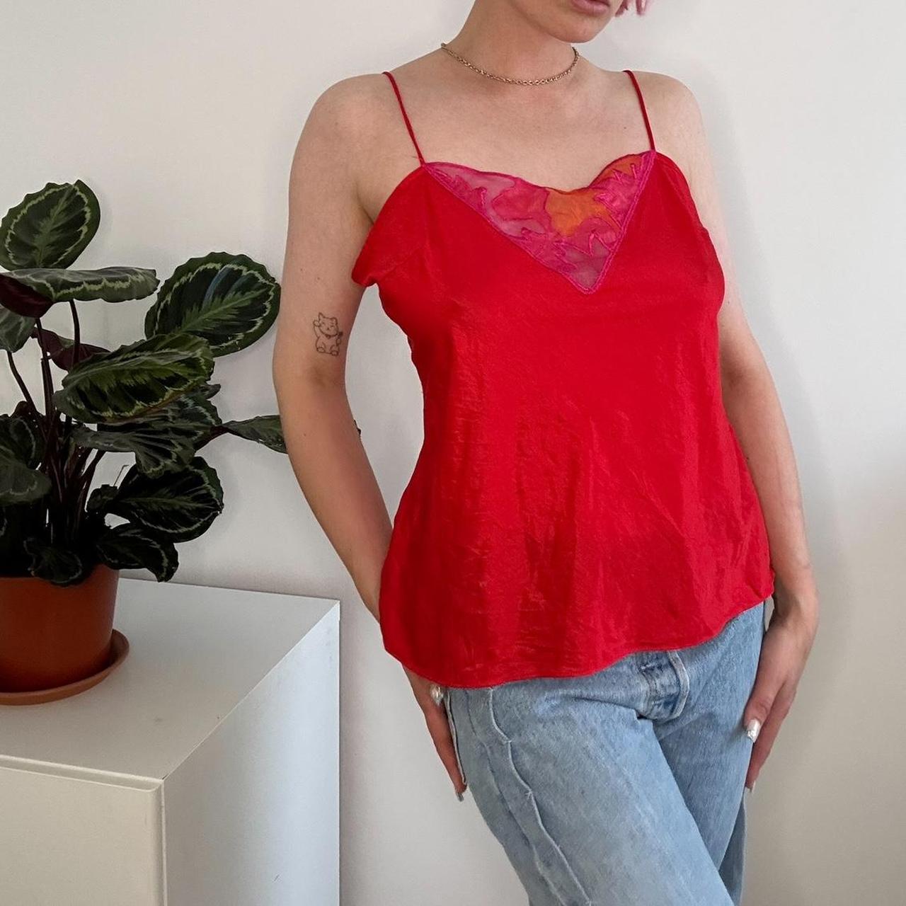 Slinky red cami top with V neckline and sheer lace... - Depop