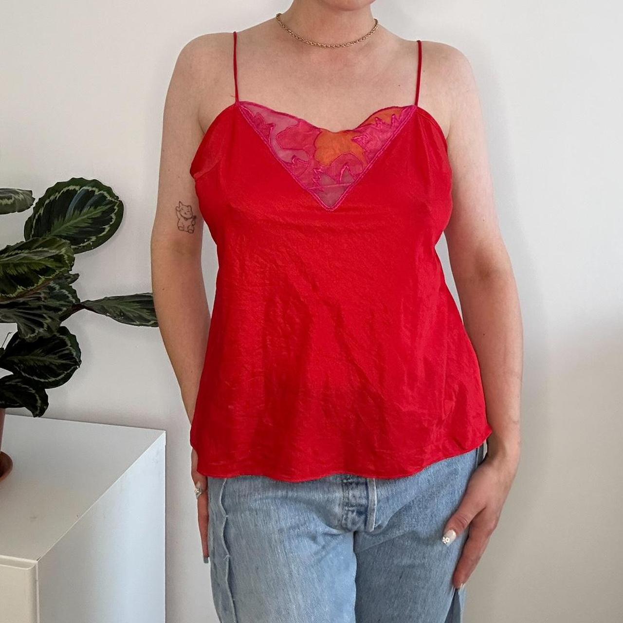 Slinky red cami top with V neckline and sheer lace... - Depop