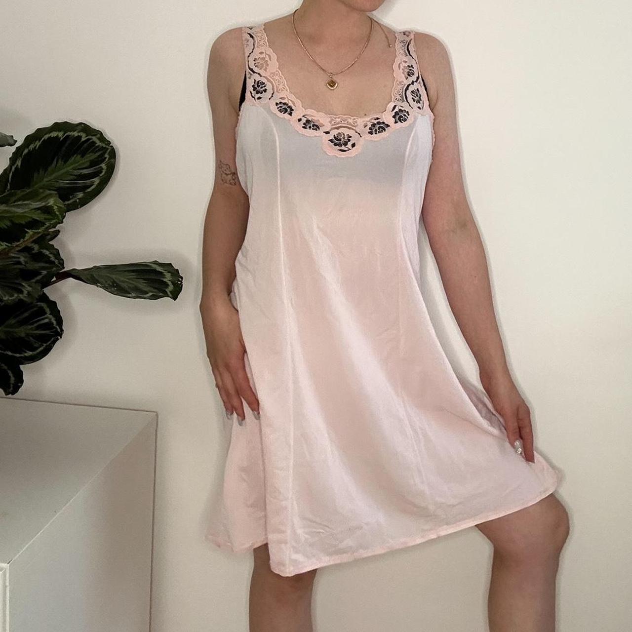 Pastel pink slinky slip dress with lace trim... | Depop
