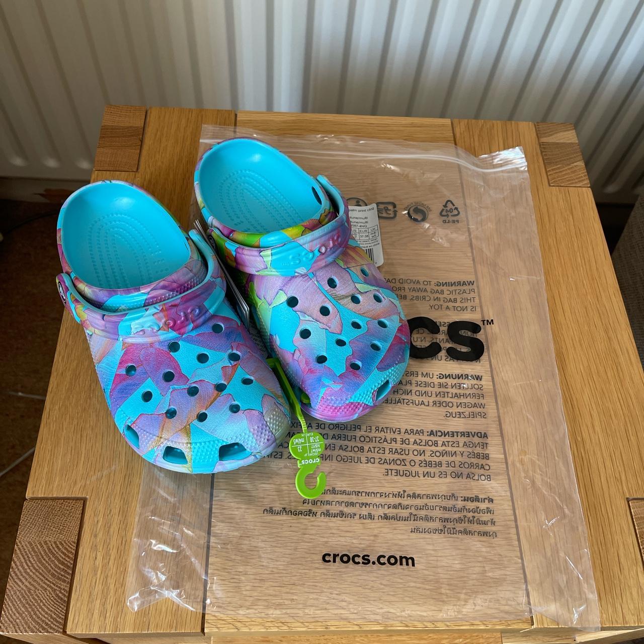 Crocs blue classic palm tree print rubber clogs... - Depop