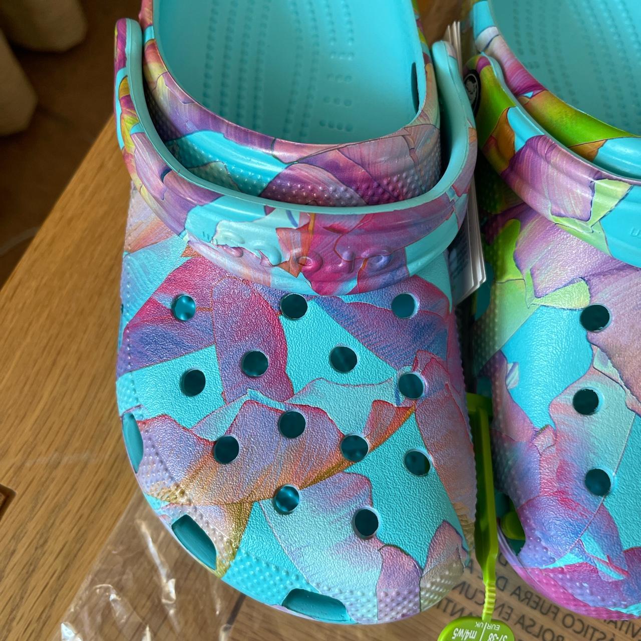 Crocs blue classic palm tree print rubber clogs... - Depop