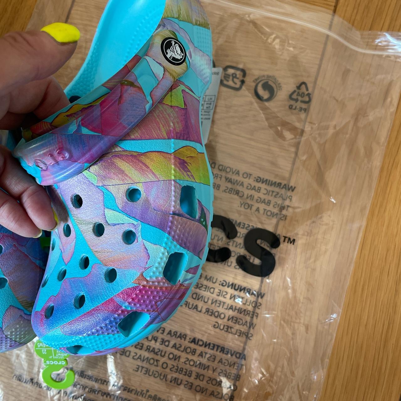 Crocs blue classic palm tree print rubber clogs... - Depop