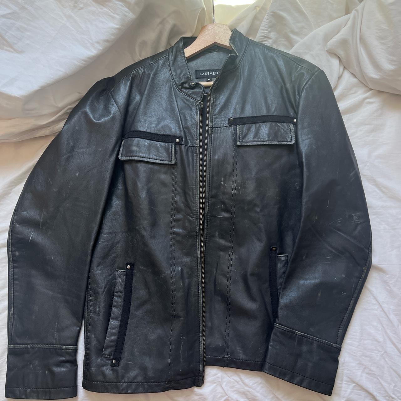 vintage basement real leather jacket size m looks... - Depop