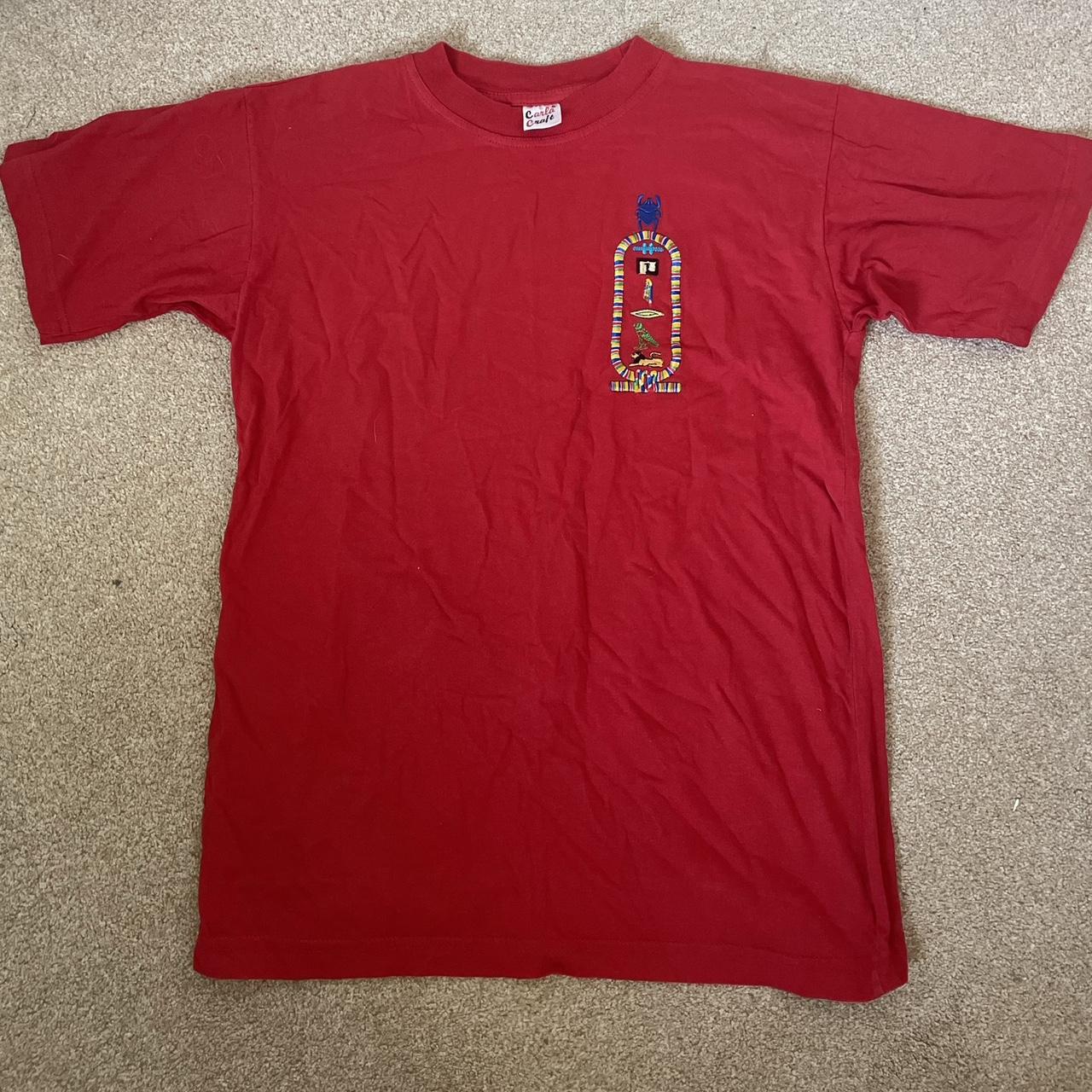 red embroidered graphic. funky logo sewn on in... - Depop