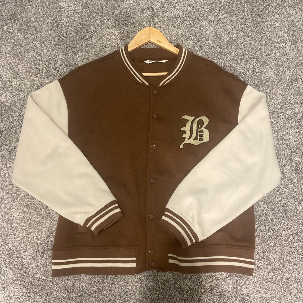 Bluenotes Brown and Beige Letterman/Varsity Jacket.... - Depop