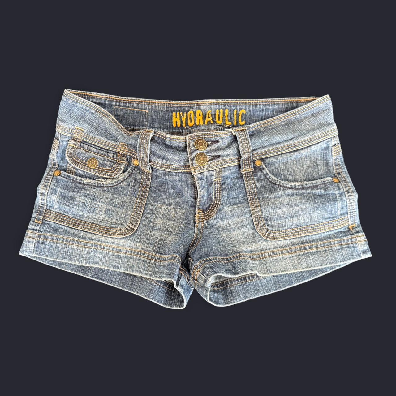 🌗 “hydraulic” low-rise mini denim shorts size... | Depop