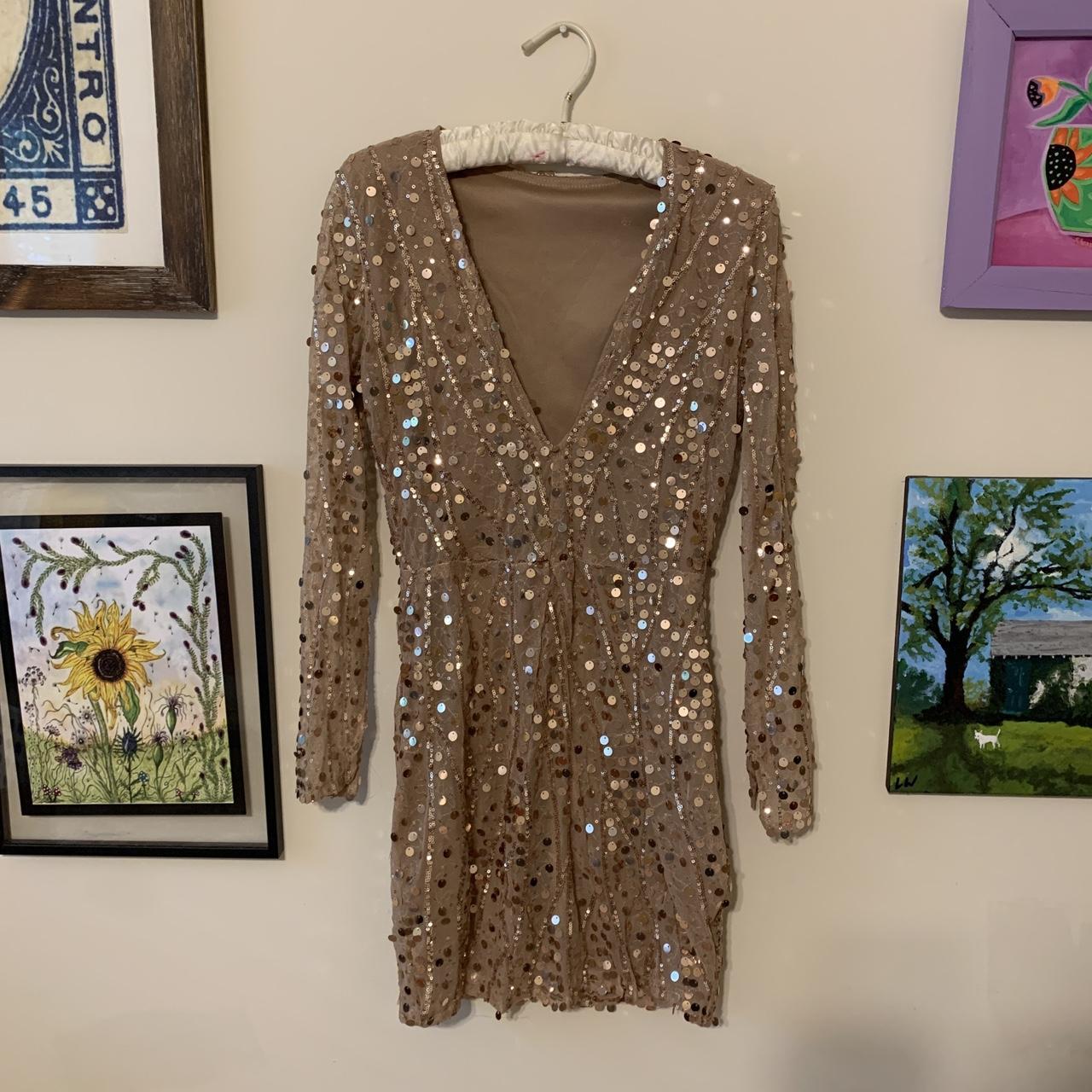 Gorgeous tan sequin dress. Sleeves are sheer, has... - Depop