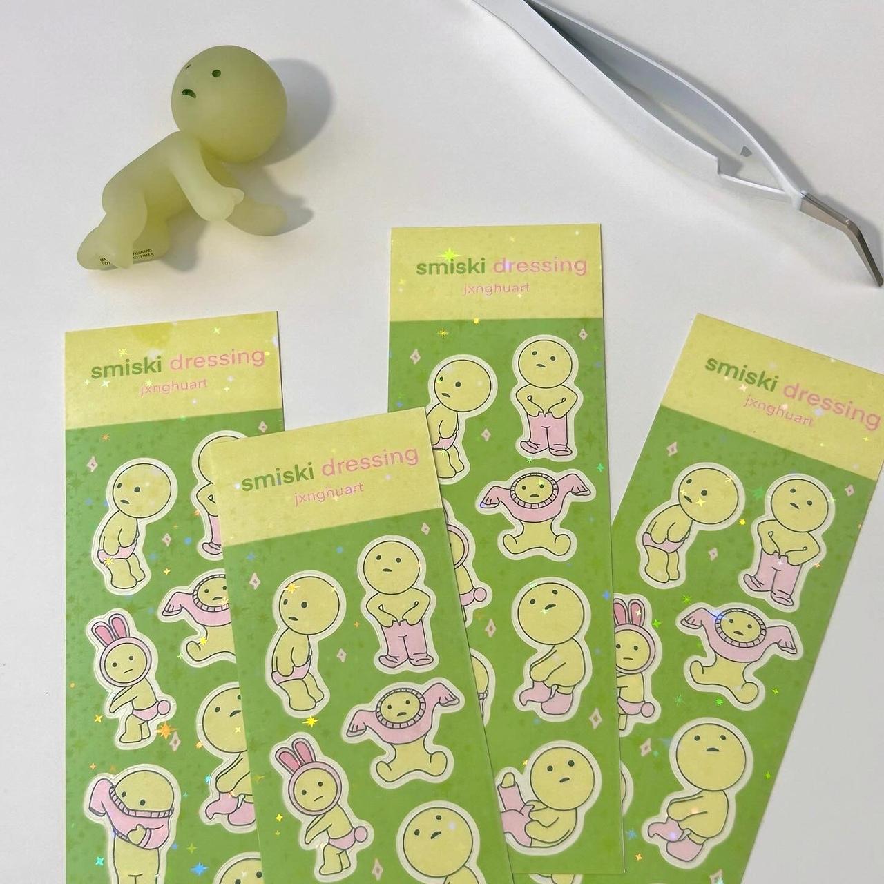 pink smiski dressing holographic vinyl sticker sheet... - Depop