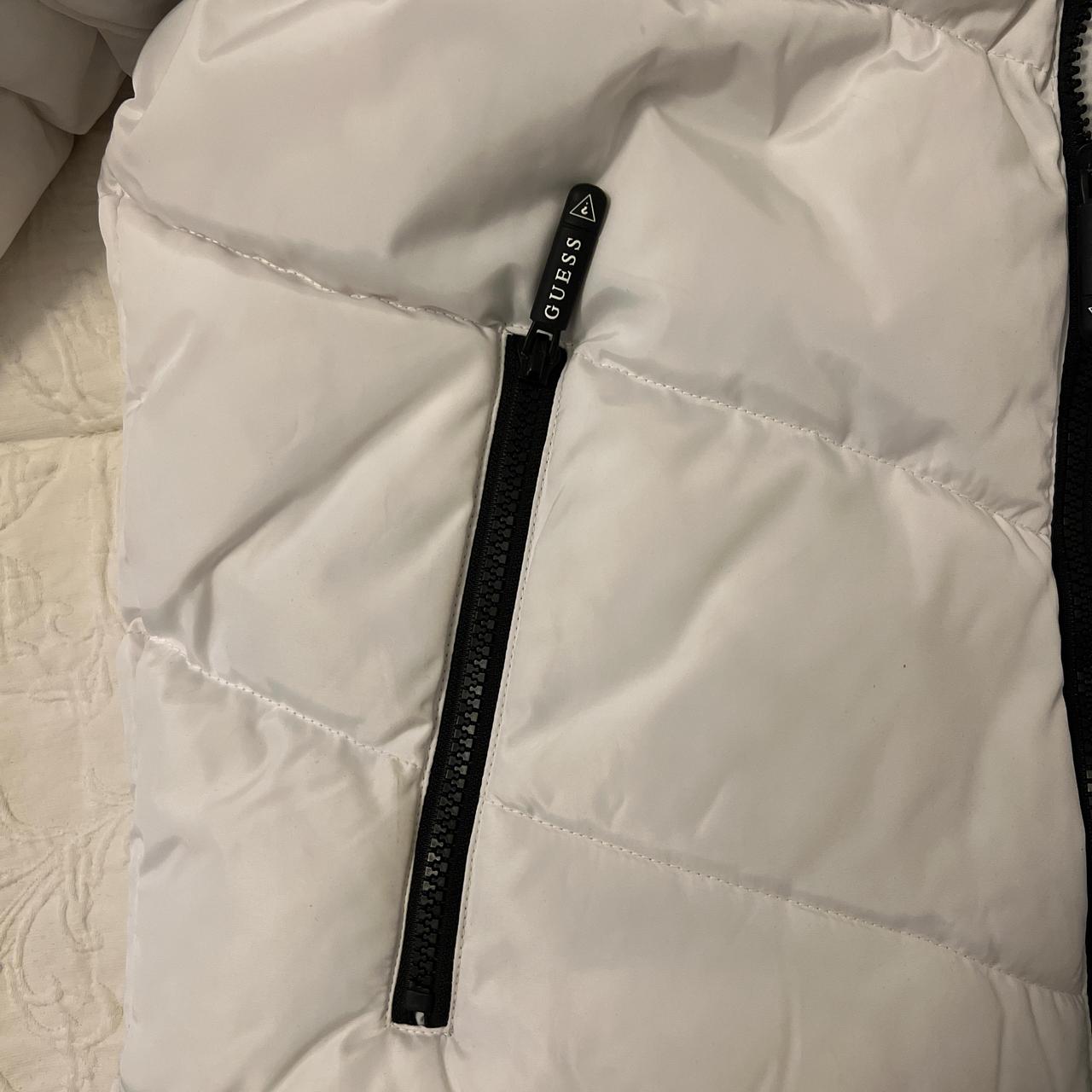 White guess puffer jacket with black hood... | Depop