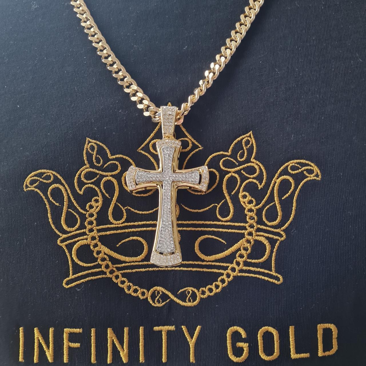 CZ Design Cross Pendant on Chunky Curb Chain 9ct... - Depop