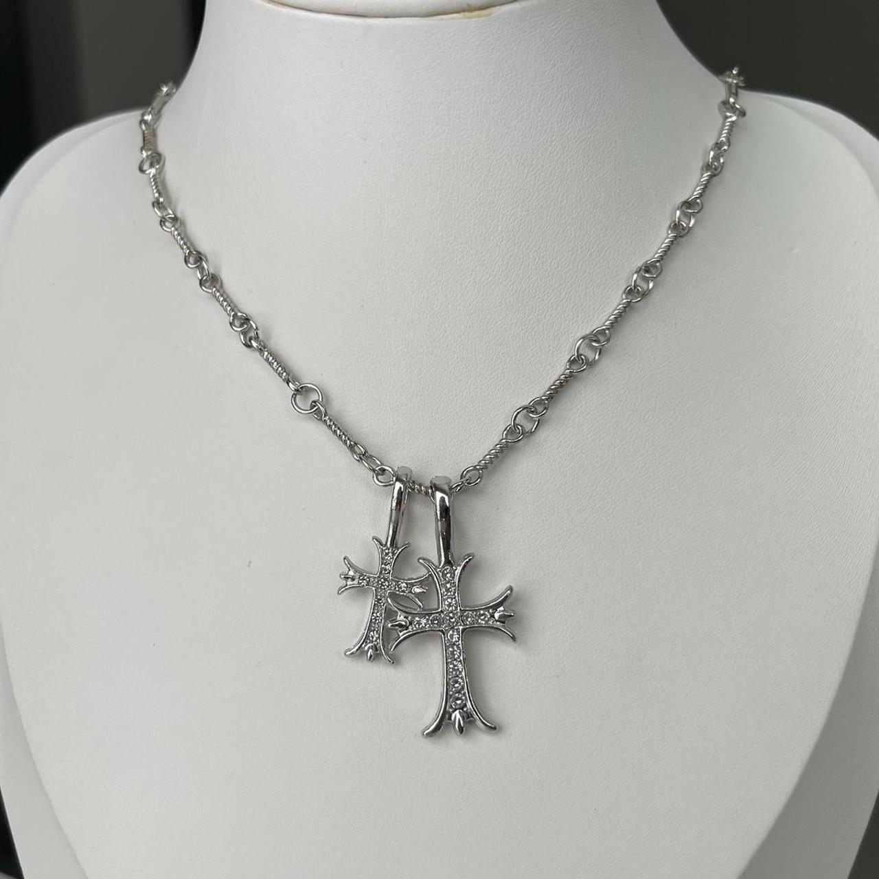 Silver Y2K Goth Double Cross Necklace Silver y2k... - Depop