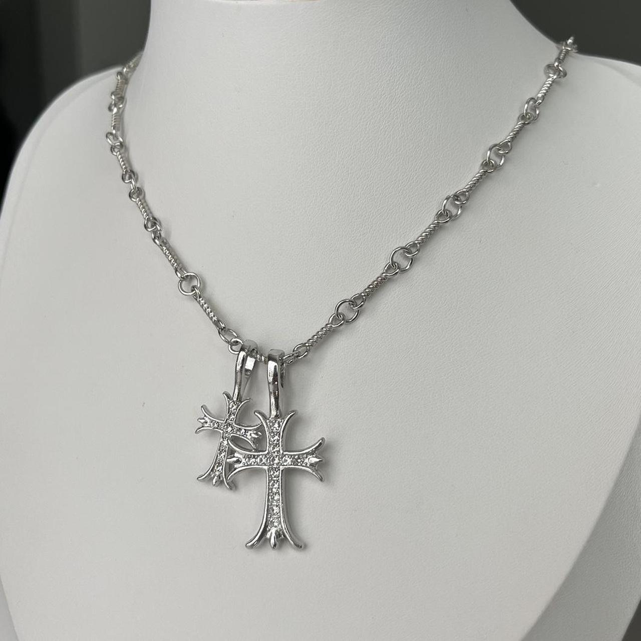 Silver Y2K Goth Double Cross Necklace Silver y2k... - Depop