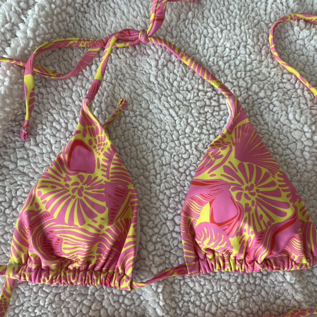 Pink and yellow triangle bikini set Size xs both top... | Depop