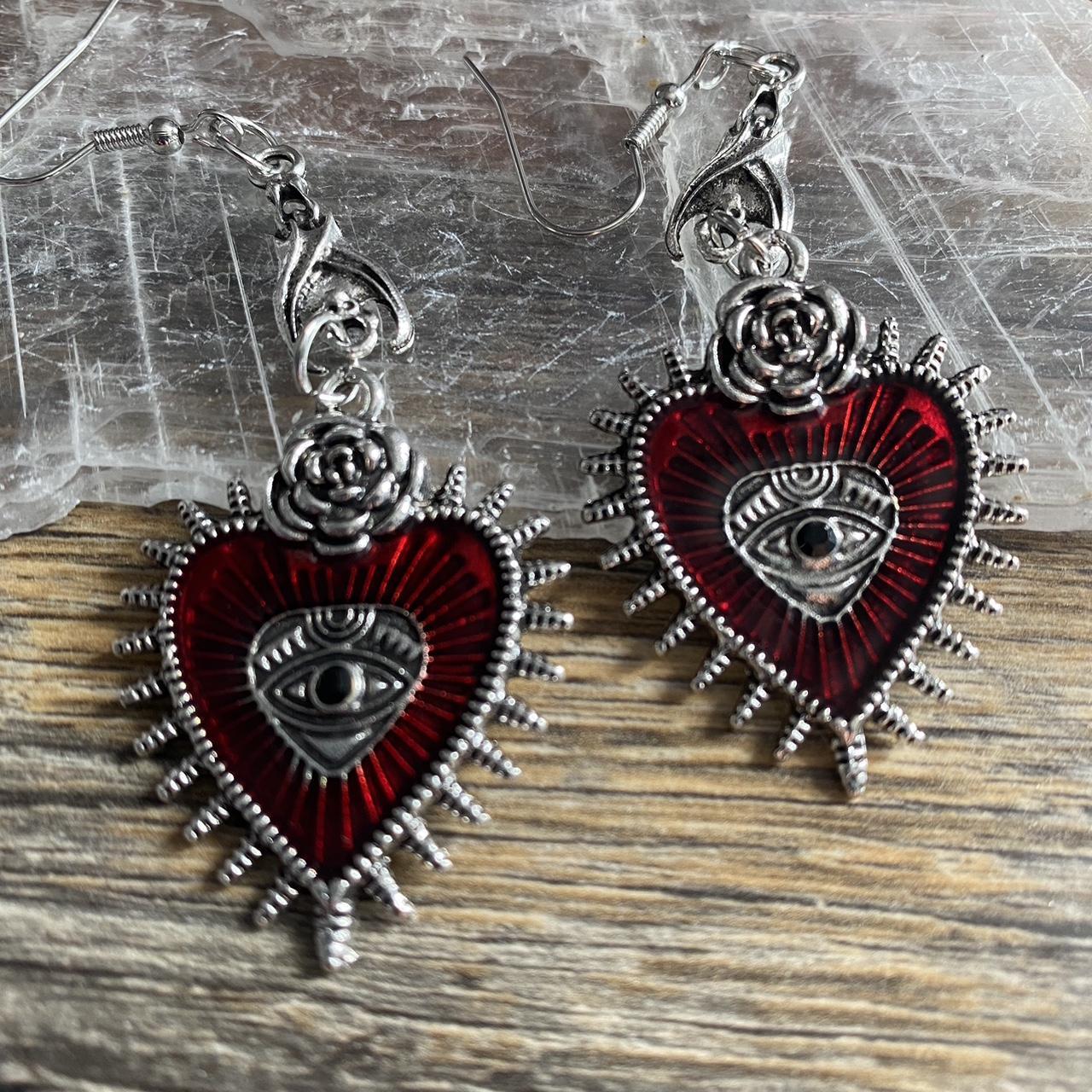 Silver Red Heart Rose Evil Eye Goth Earrings Buy 2... - Depop