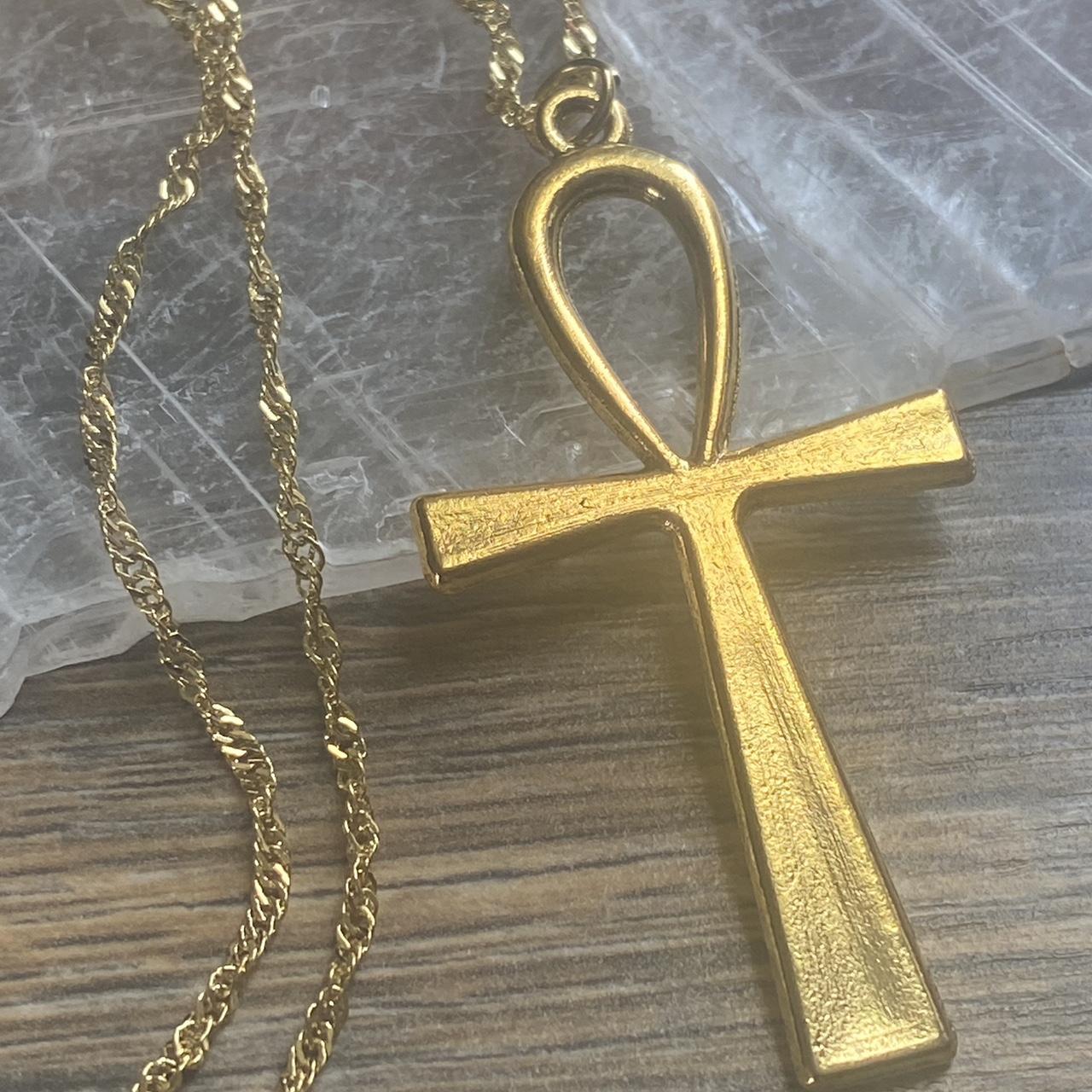 Gold Metal Ankh Pendant Necklace ornate goldplate... - Depop
