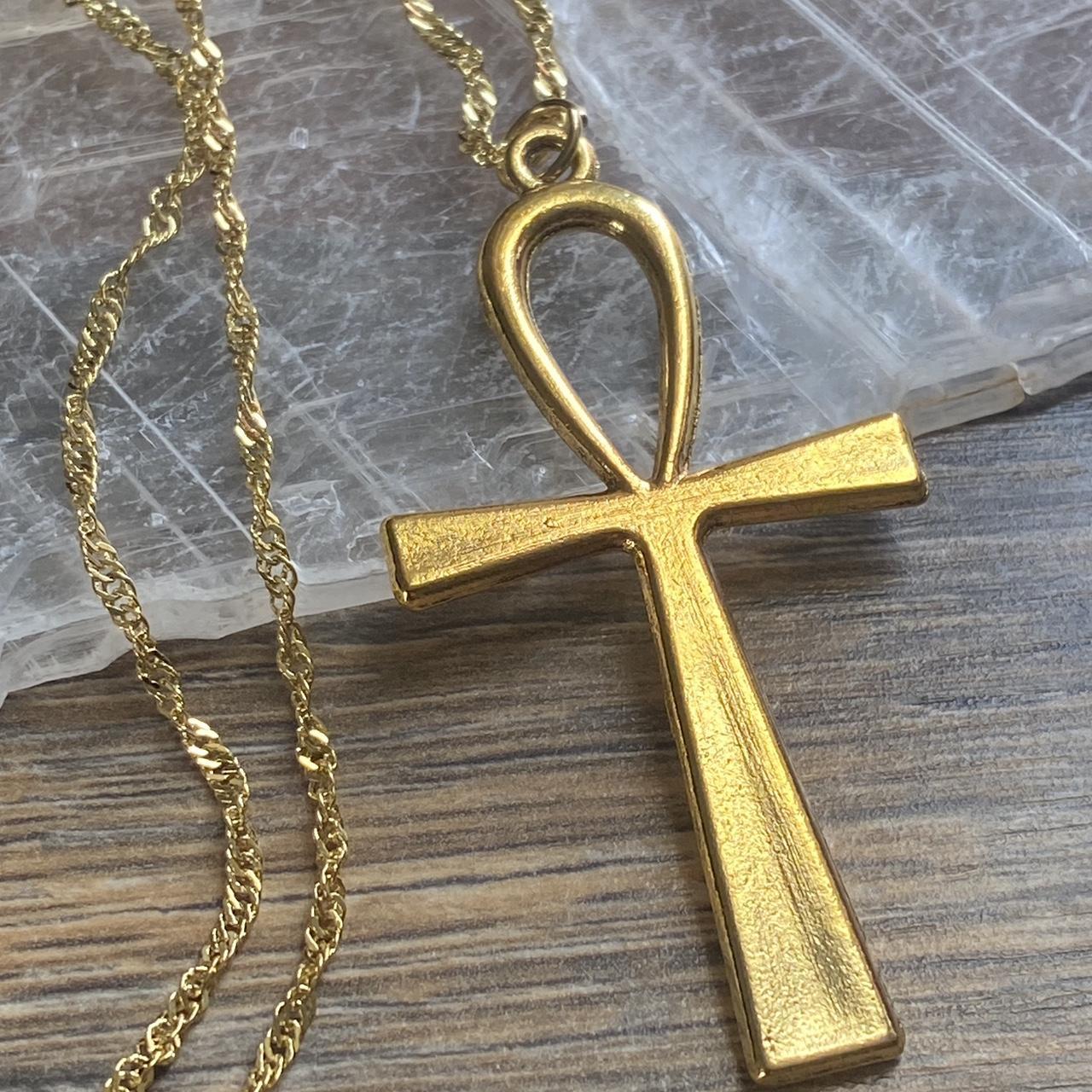 Gold Metal Ankh Pendant Necklace ornate goldplate... - Depop