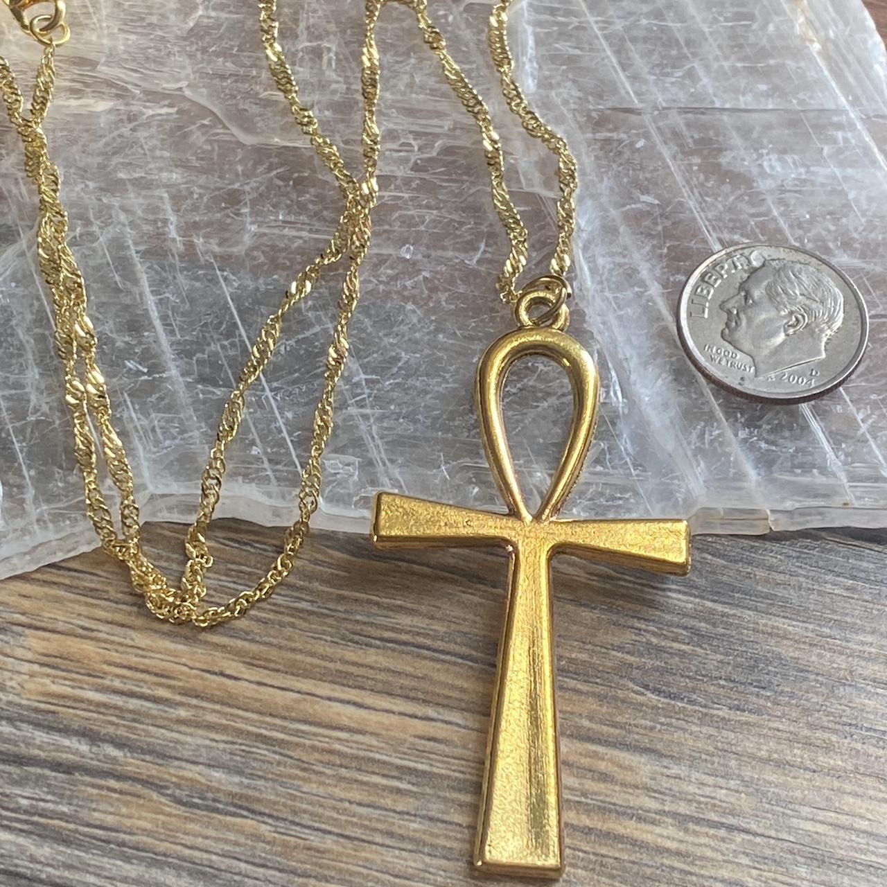 Gold Metal Ankh Pendant Necklace ornate goldplate... - Depop