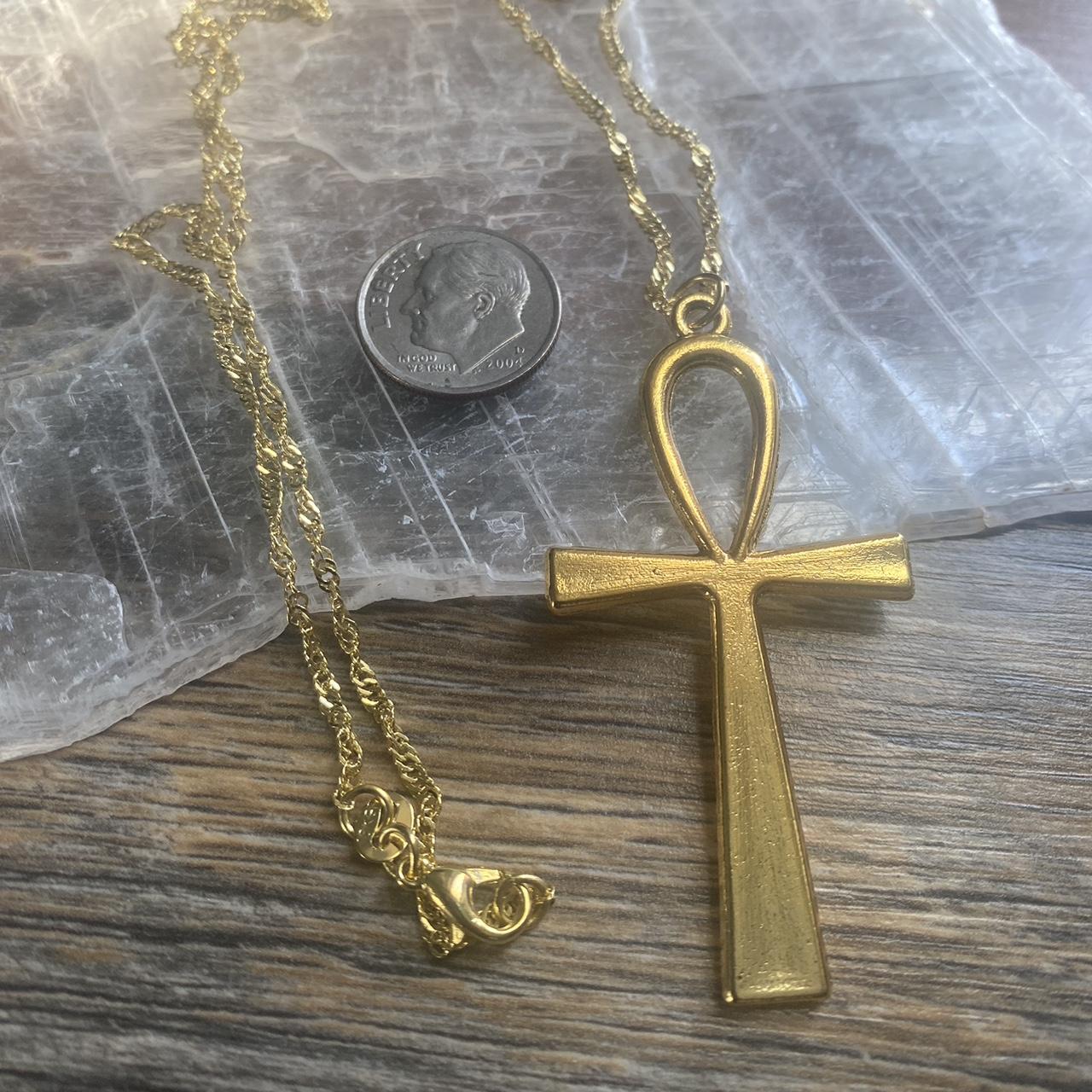 Gold Metal Ankh Pendant Necklace ornate goldplate... - Depop