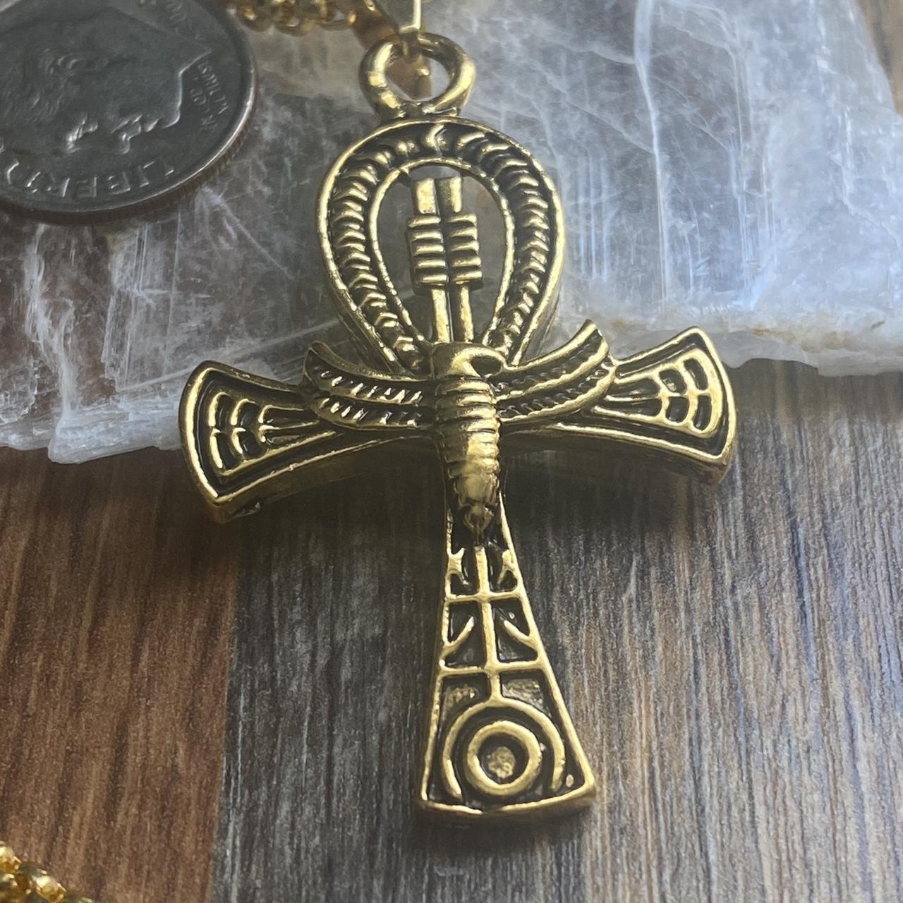 Ornate Gold Egyptian Ankh Pendant Necklace 24” chain... - Depop